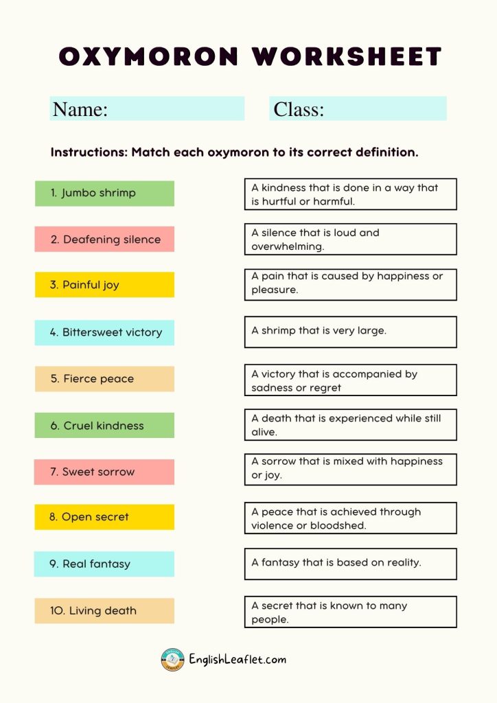 Oxymoron Worksheets with Answers - EnglishLeaflet